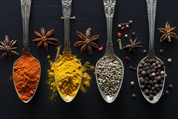 Premium Photo | Colorful Spoons Filled with Different Spices on a Black ... Premium Photo | Colorful Spoons Filled with Different Spices on a Black ...
