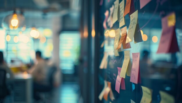 Colorful Sticky Notes on a Glass Board in a Blurred Office Setting ... Colorful Sticky Notes on a Glass Board in a Blurred Office Setting ...