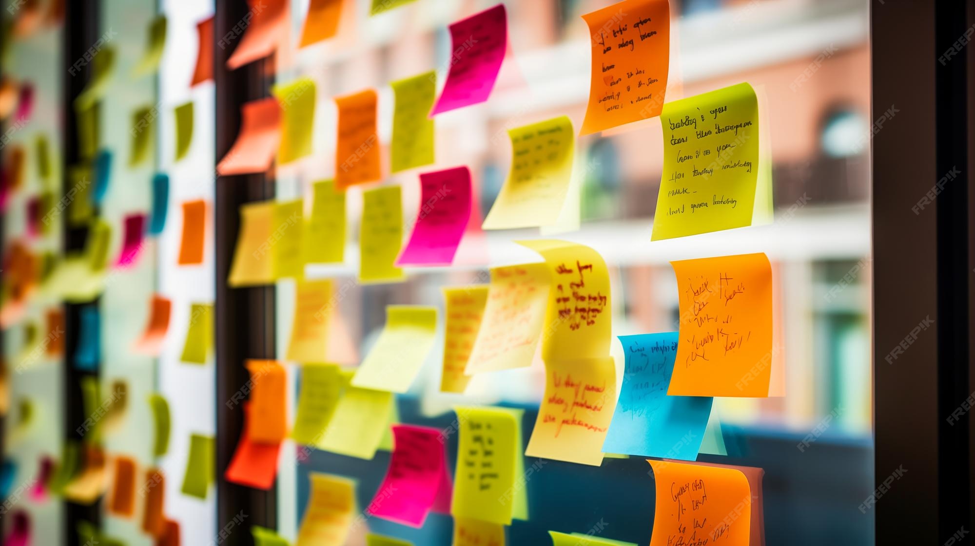 Premium Photo | Colorful sticky notes on the wall in a window Blurred ... Premium Photo | Colorful sticky notes on the wall in a window Blurred ...