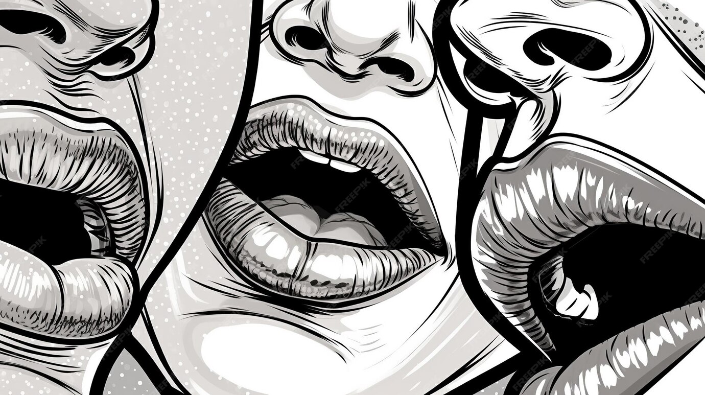 Premium Ai Image Comic Book Style Mouths Talking In Different Directions Vector Clean Lines