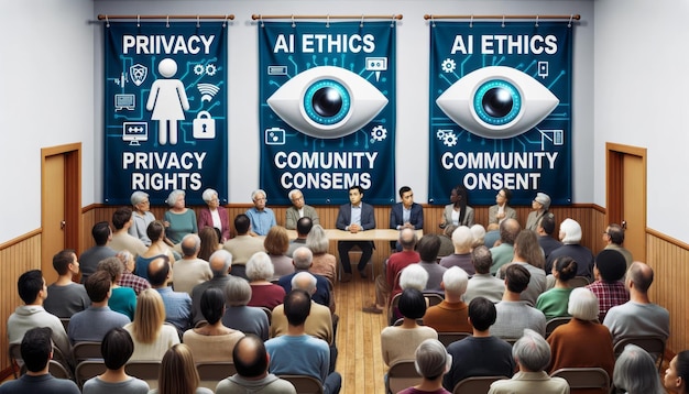 Premium AI Image | Community Discussion on AI Surveillance in Town Hall Premium AI Image | Community Discussion on AI Surveillance in Town Hall