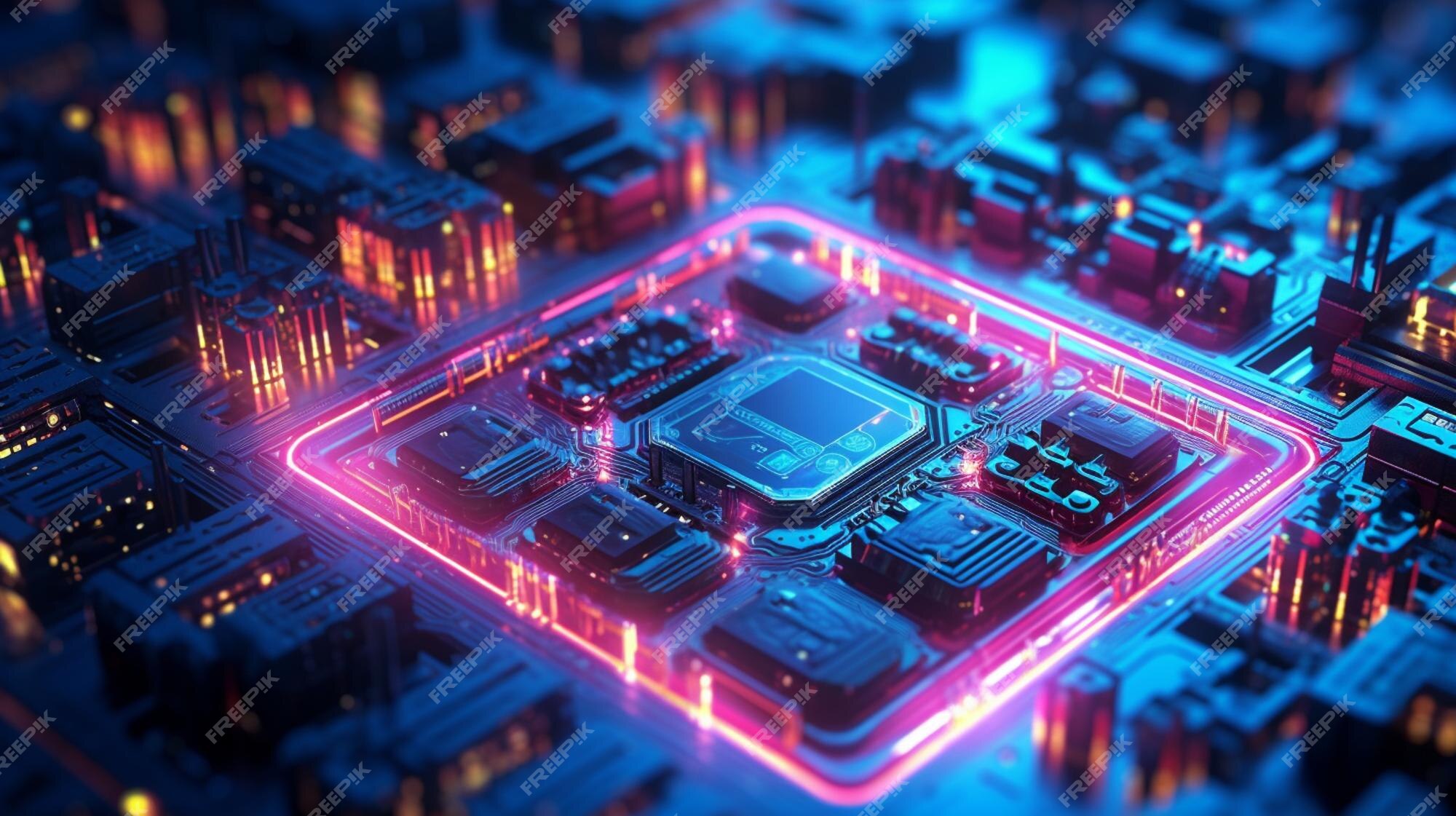 Premium AI Image | A computer chip with neon lights on it Premium AI Image | A computer chip with neon lights on it