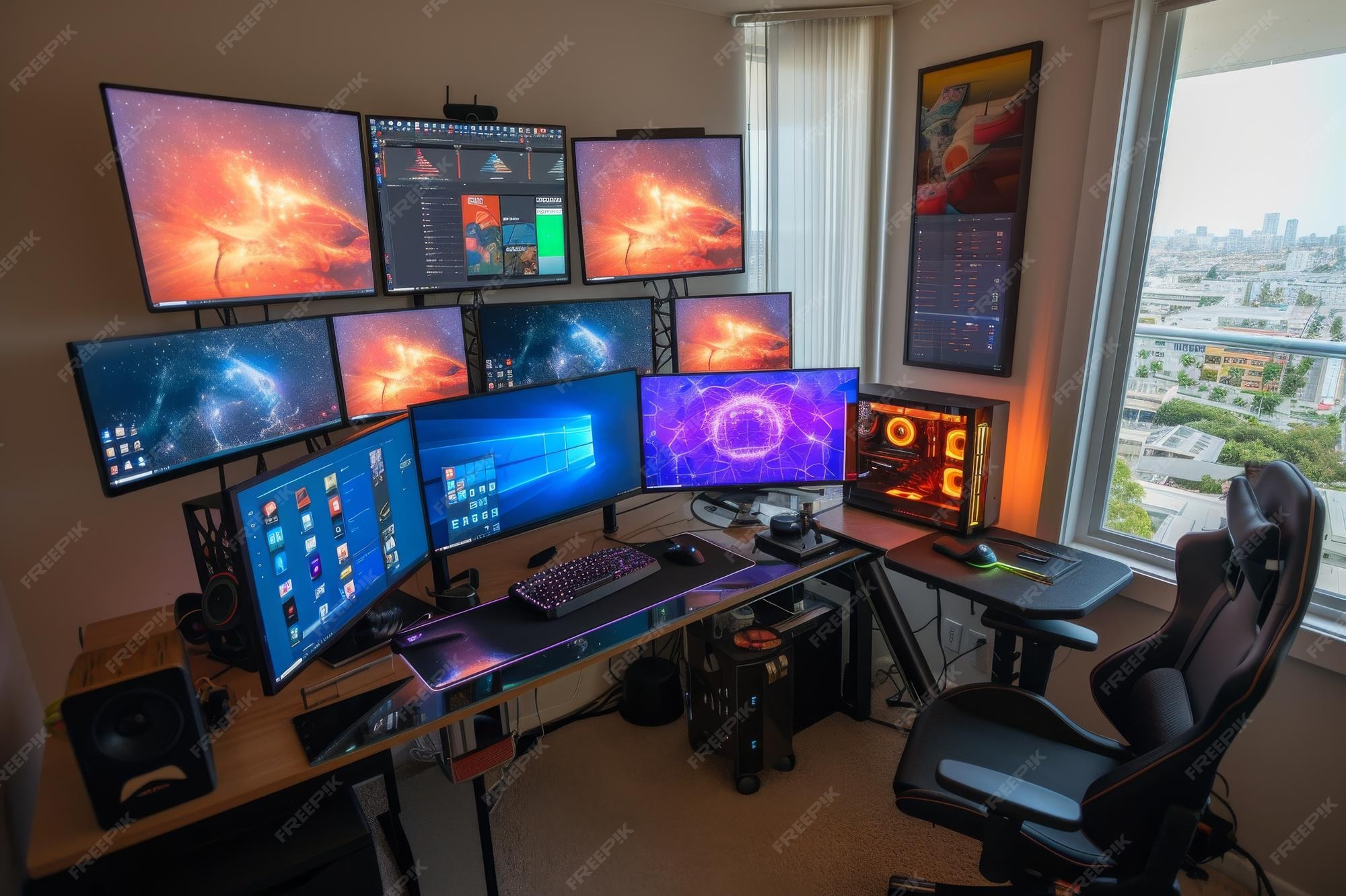Premium Photo | A computer desk with multiple monitors and a keyboard ...