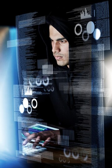 Premium Photo | Computer digital overlay and man hacker or programmer for night hacking ...