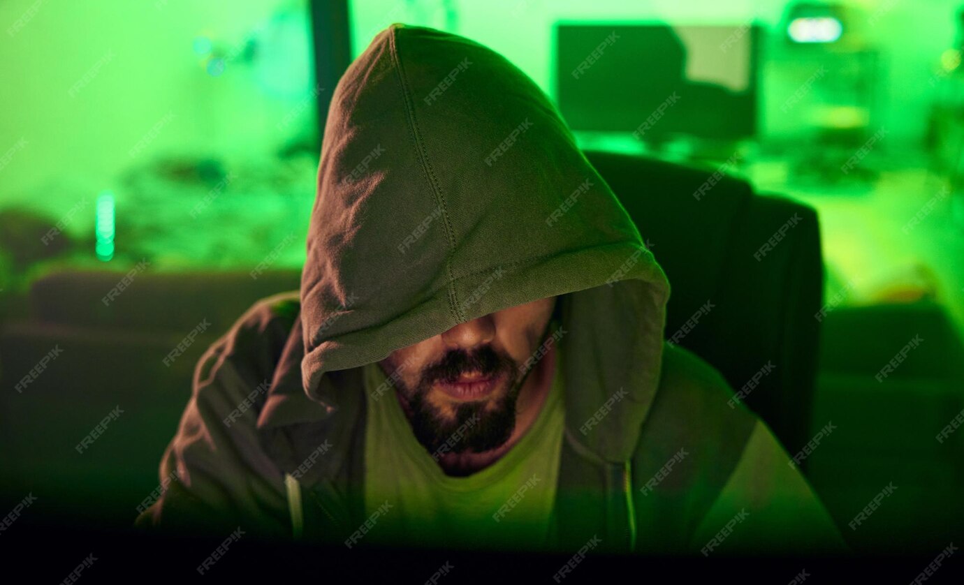 Premium Photo Computer Hacker Hoodie Or Neon Man Hacking Database Software Online Server Or