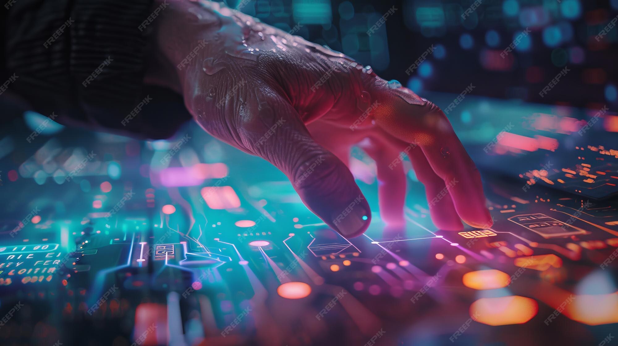 Premium Photo | Computer hand closeup futuristic cyber space finance AI ...