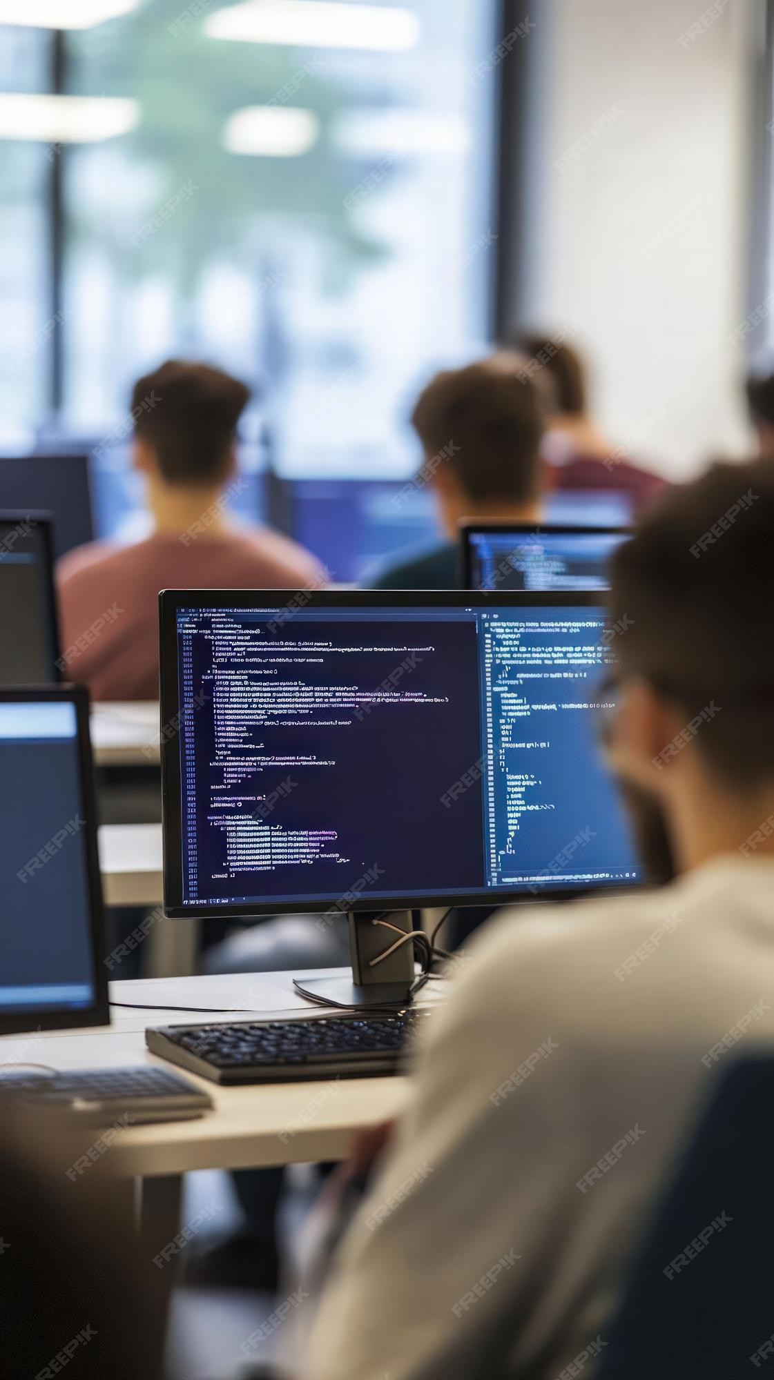 Computer lab classroom with students coding and programming representing techsavvy learning ...