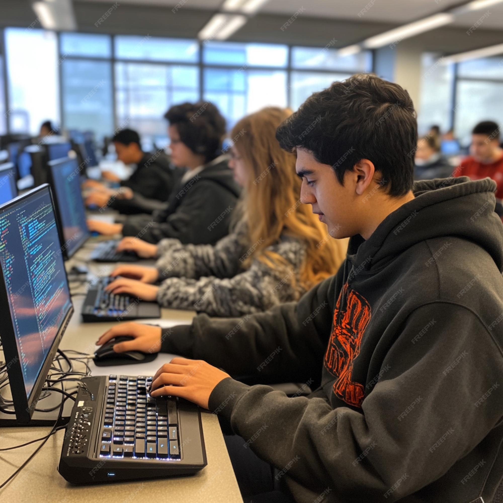 A computer lab with students coding and working on programming ...