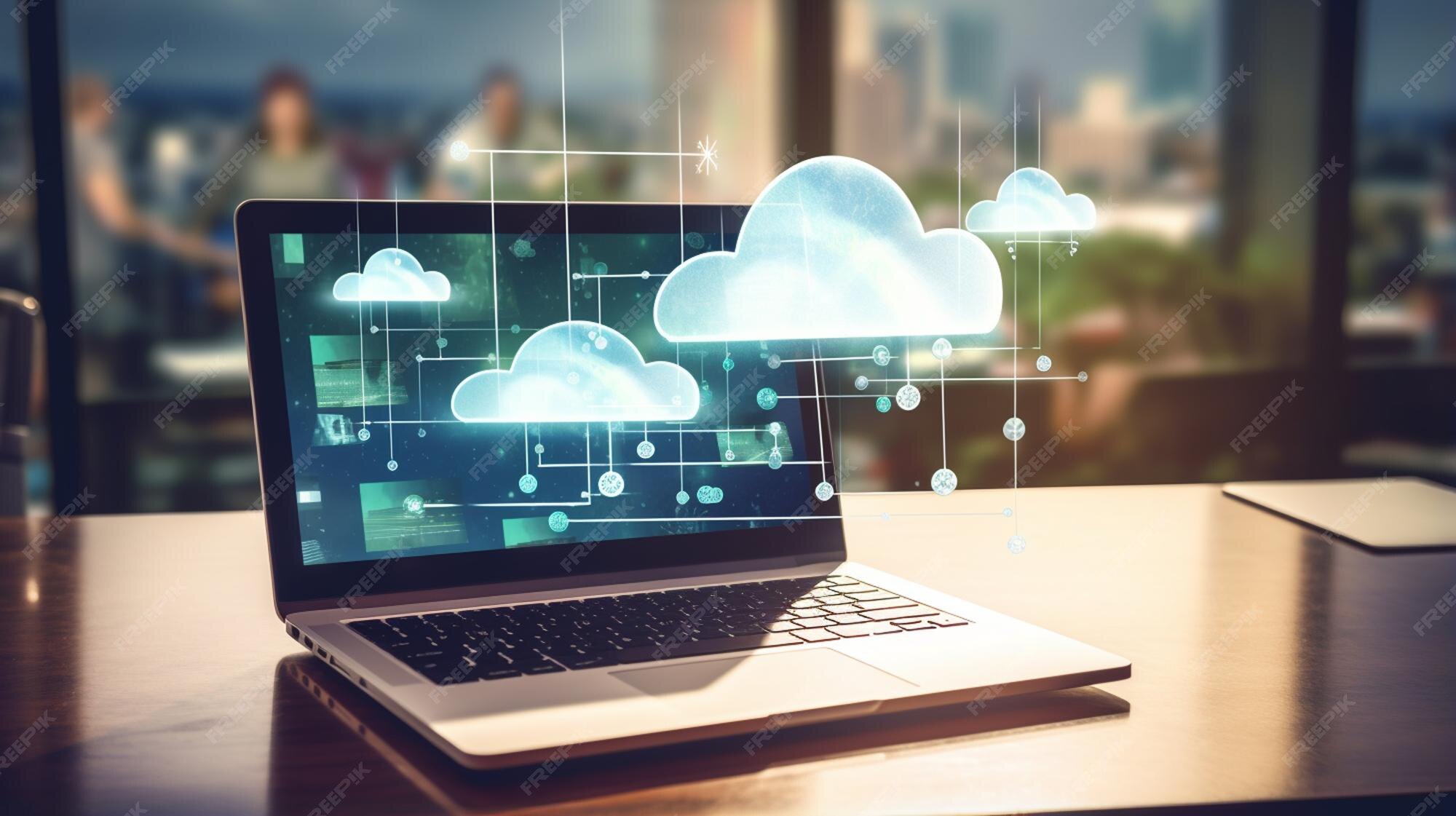 Premium AI Image | Computer laptop and dashboard for Data document Management System on cloud ...