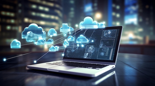 Premium AI Image | Computer laptop and dashboard for Data document Management System on cloud ...