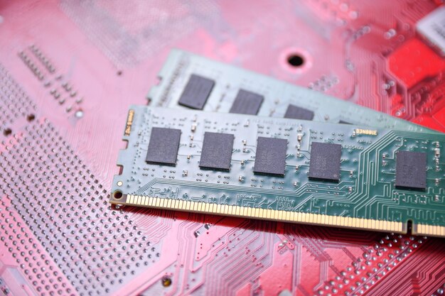 Premium Photo | Computer memory ram on motherboard background . close ...