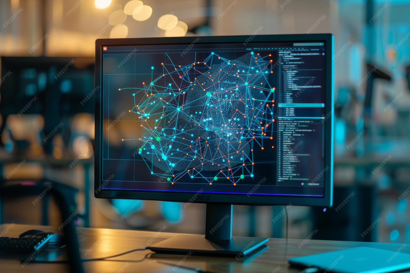 A computer monitor displaying a 3D visualization on top of a desk in an ...