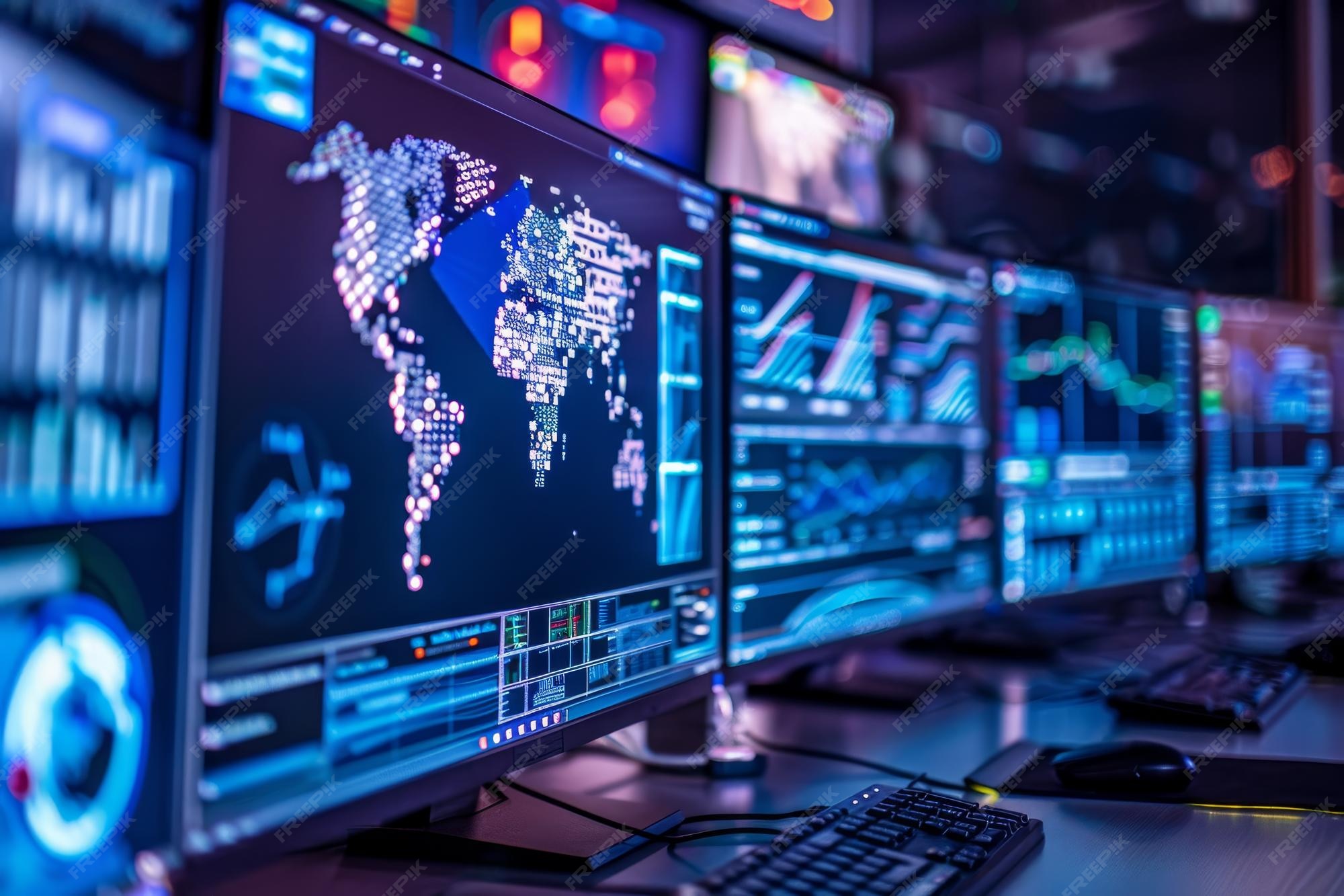 Computer monitors show data visualizations including a world map indicating active cybersecurity ...
