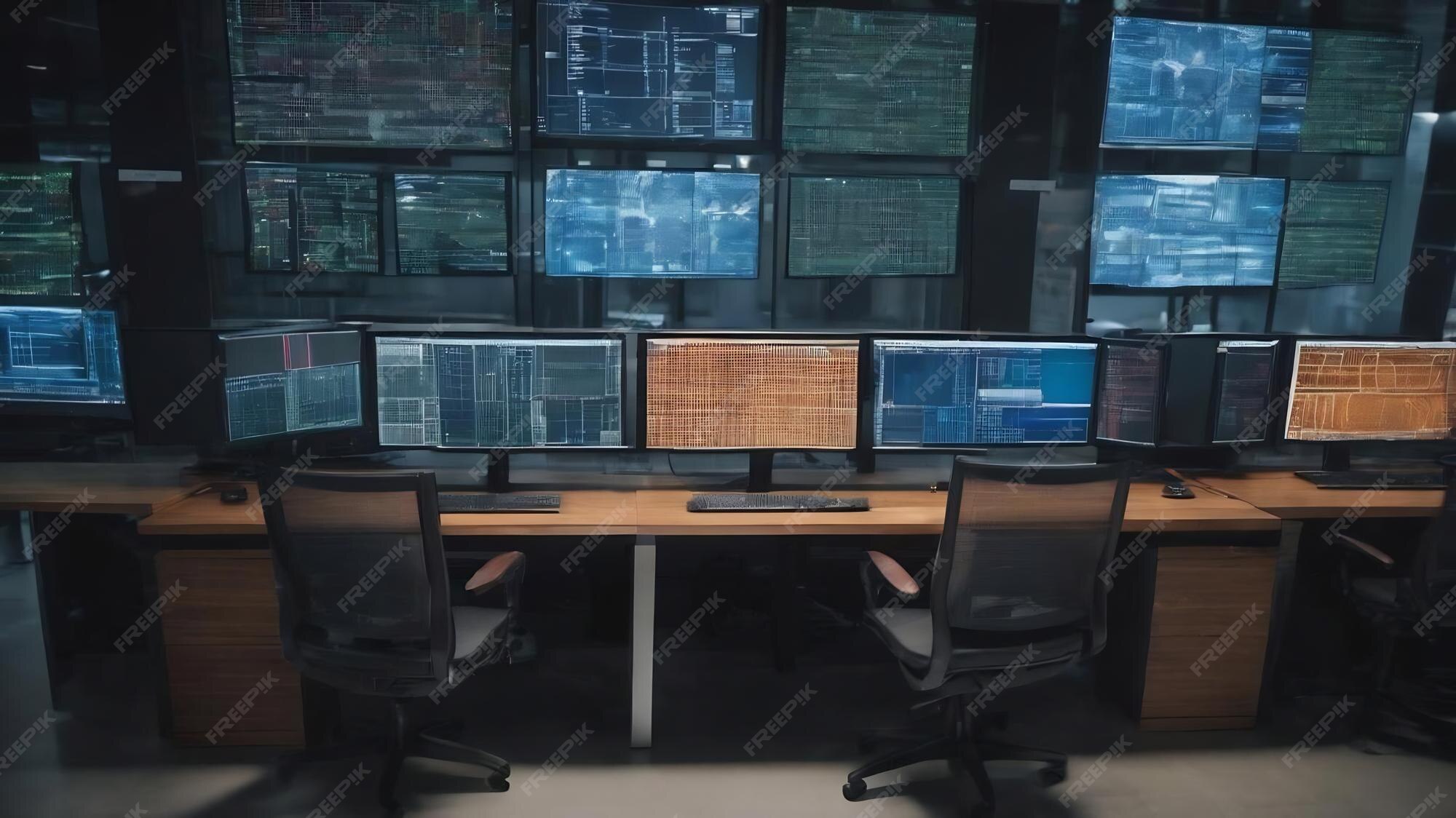 Premium Photo | Computer monitors showing source code in empty it company office security system ...