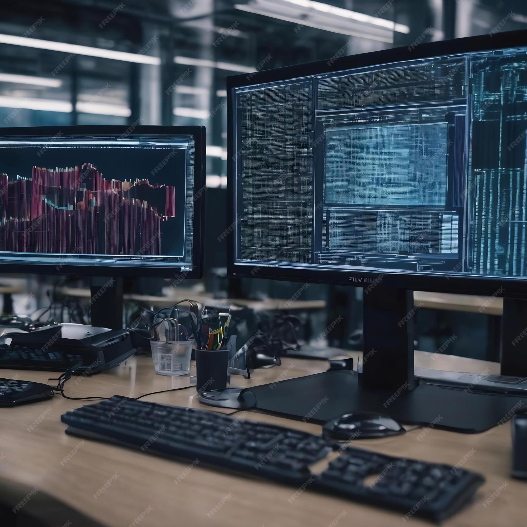 Premium Photo Computer Monitors Showing Source Code In Empty It Company Office Security System