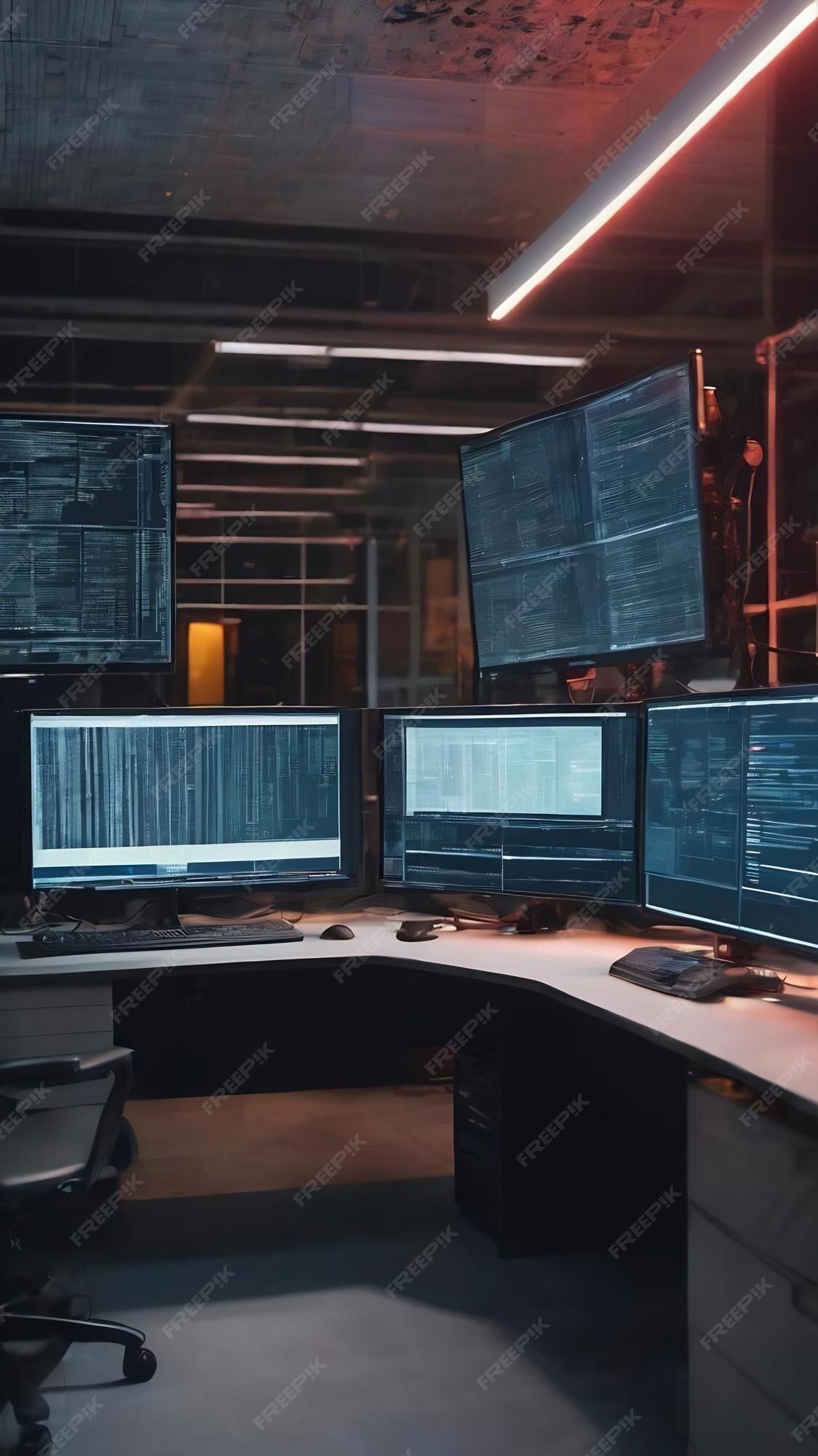 Premium Photo | Computer monitors showing source code in empty it ...