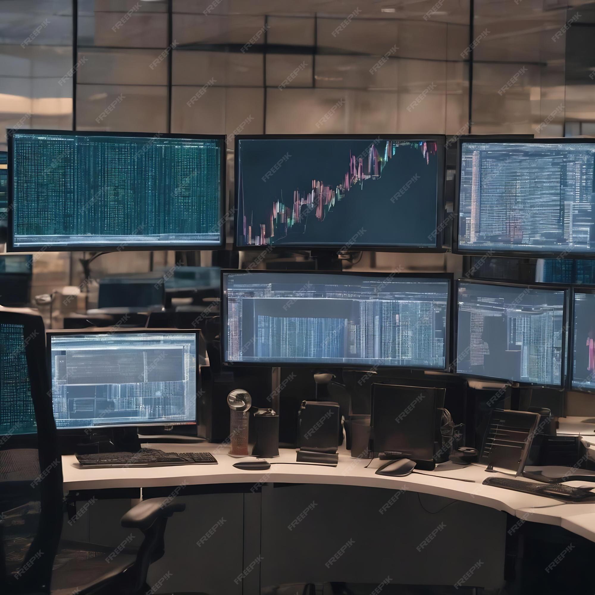 Premium Photo | Computer monitors showing source code in empty it ...