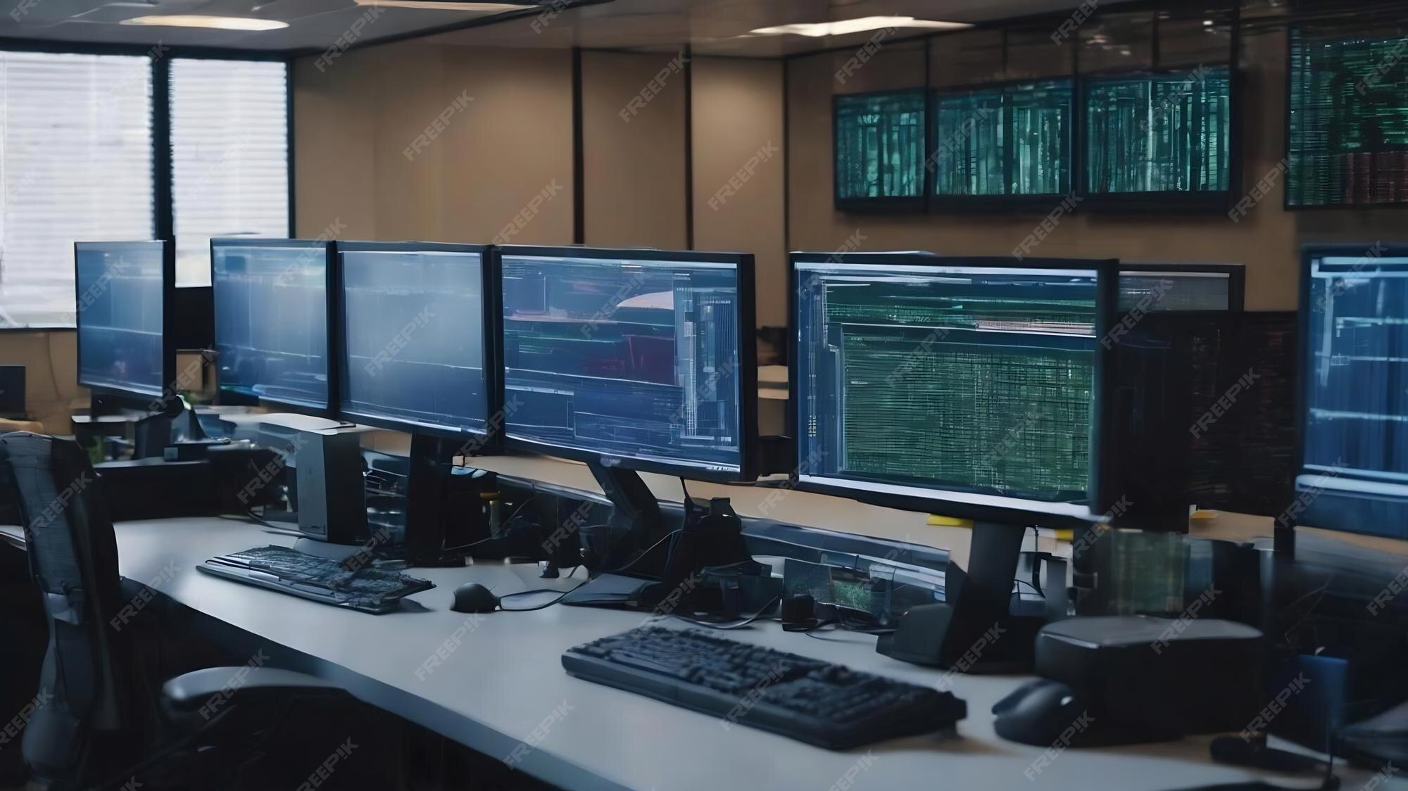 Premium AI Image | Computer monitors showing source code in empty it ...