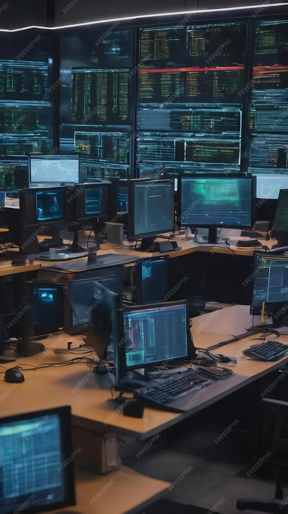 Premium AI Image | Computer monitors showing source code in empty it company office security ...