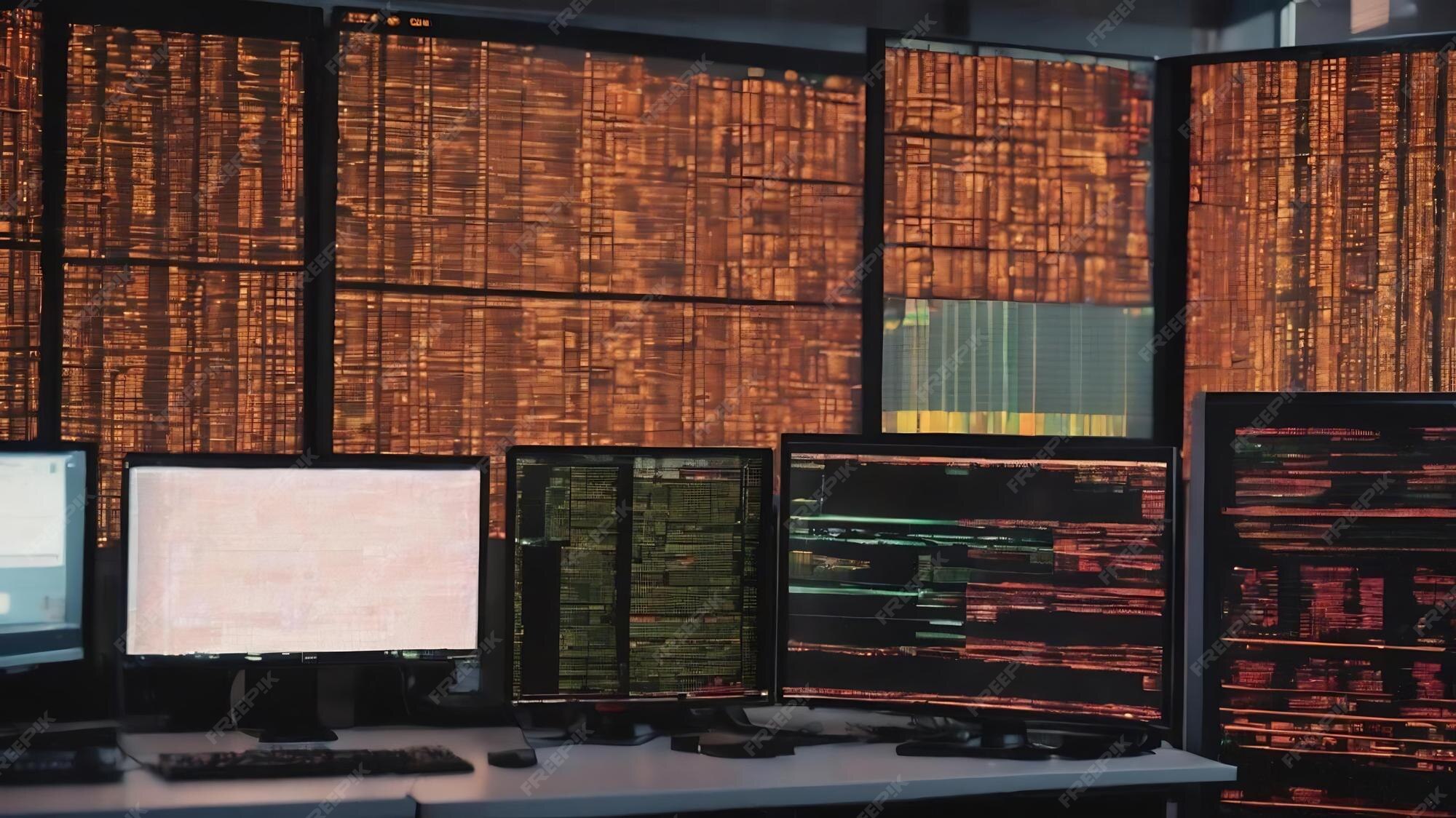 Premium Ai Image Computer Monitors Showing Source Code In Empty It Company Office Security