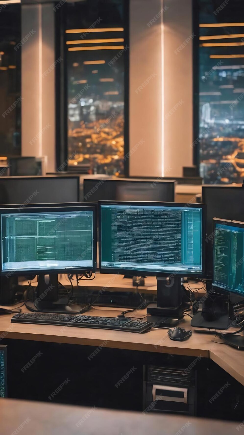 Premium AI Image | Computer monitors showing source code in empty it company office security ...