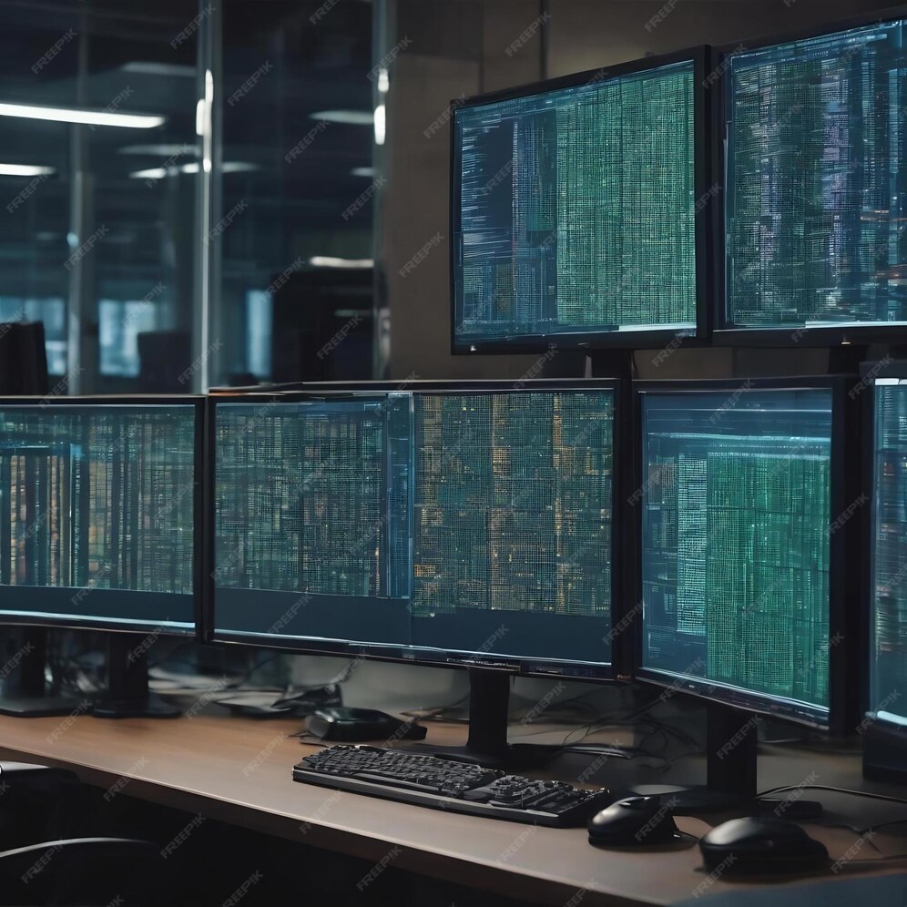 Premium AI Image | Computer monitors showing source code in empty it ...