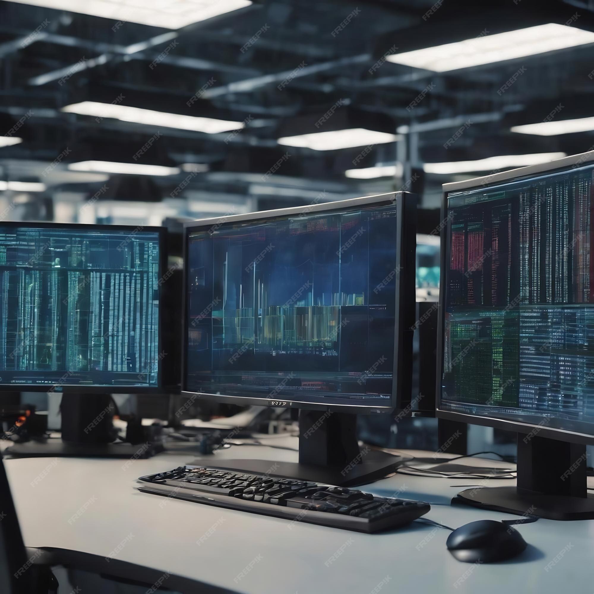 Premium AI Image | Computer monitors showing source code in empty it company office security ...