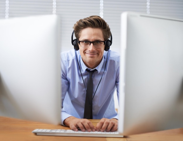 Premium Photo | Computer office portrait and happy man business agent or consultant working ...