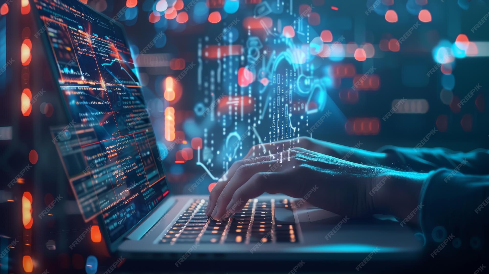 Computer programmer coding on laptop with ai futuristic technology digital and data engineering ...