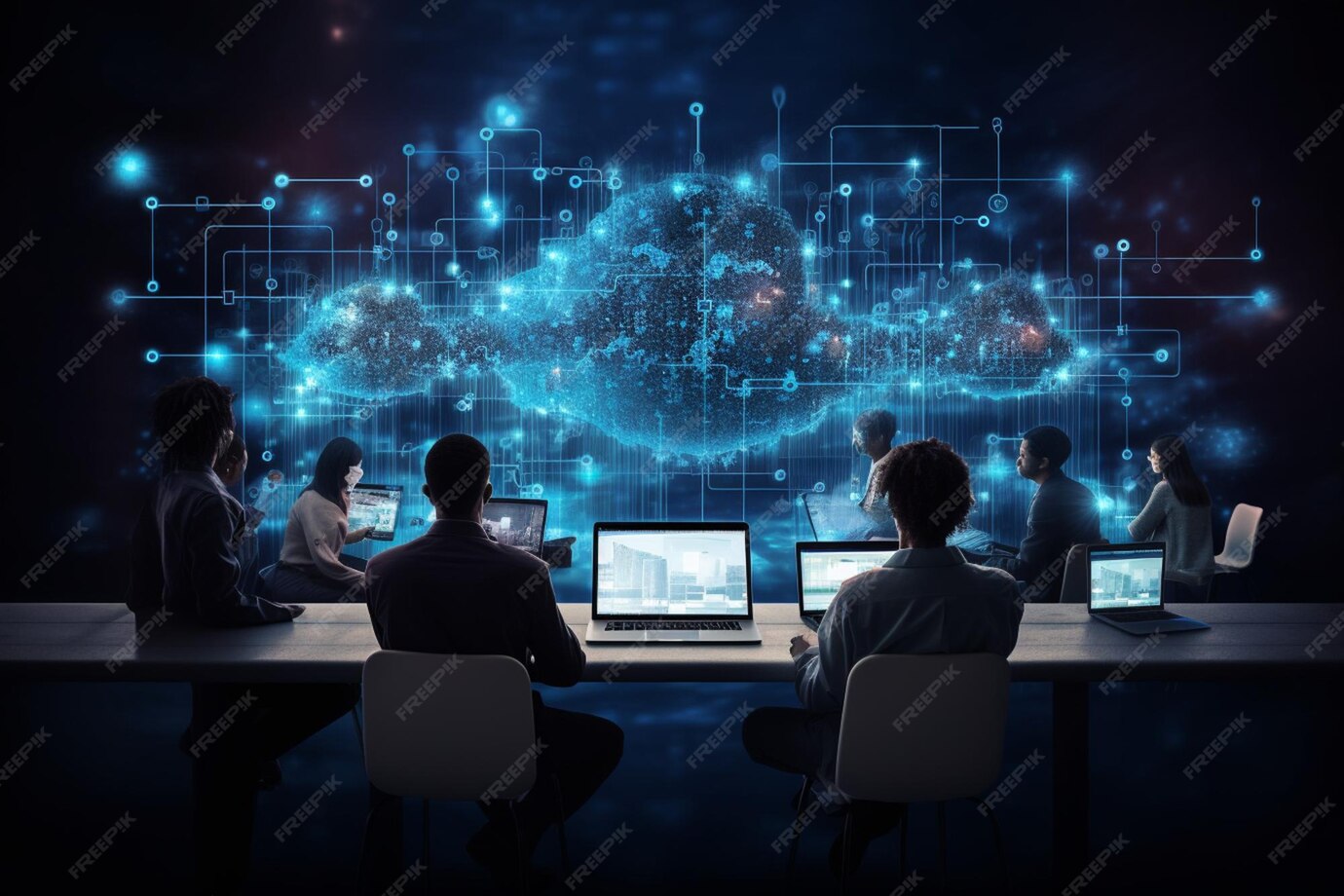 Computer programmer team using laptop data processing connecting with ...