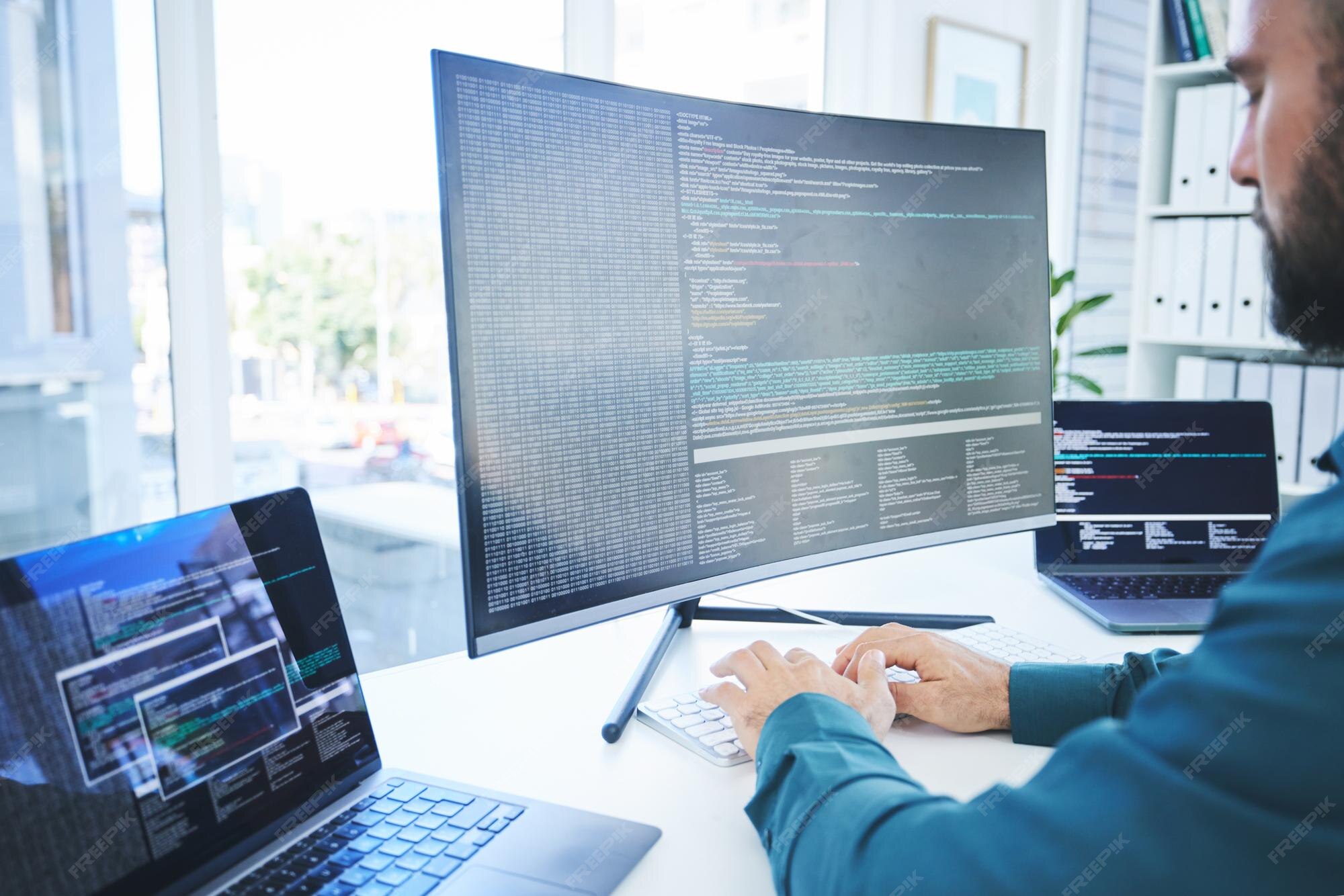 Premium Photo Computer Programmer Or Technician Man For Coding Software Script Or Cyber 1049