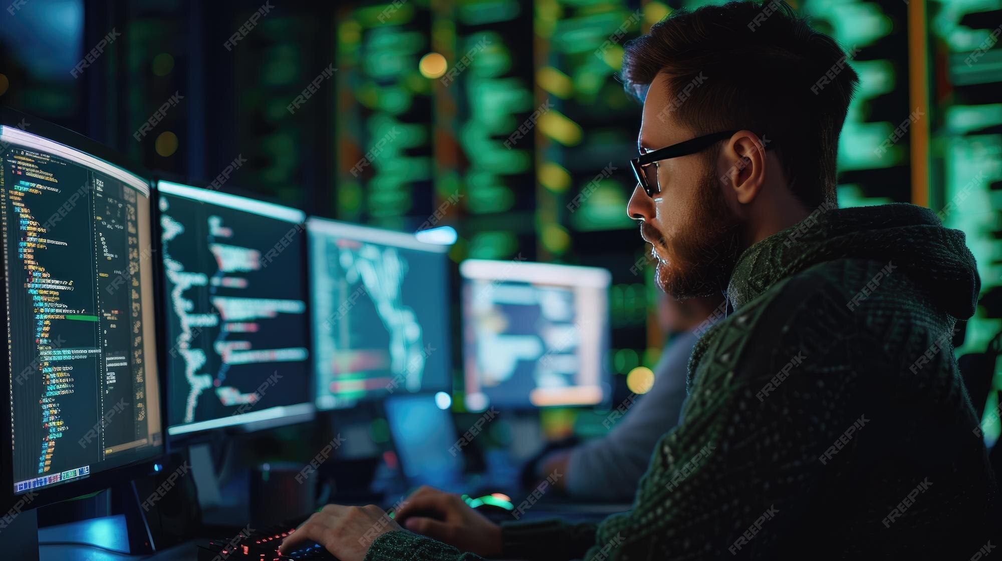 Premium Photo | A computer programmer using multiple screens for ...