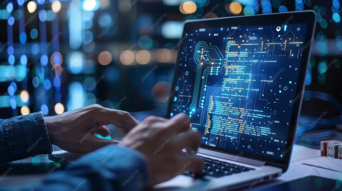 Premium Photo | A computer programmer working on a laptop screen using java script and circuit ...