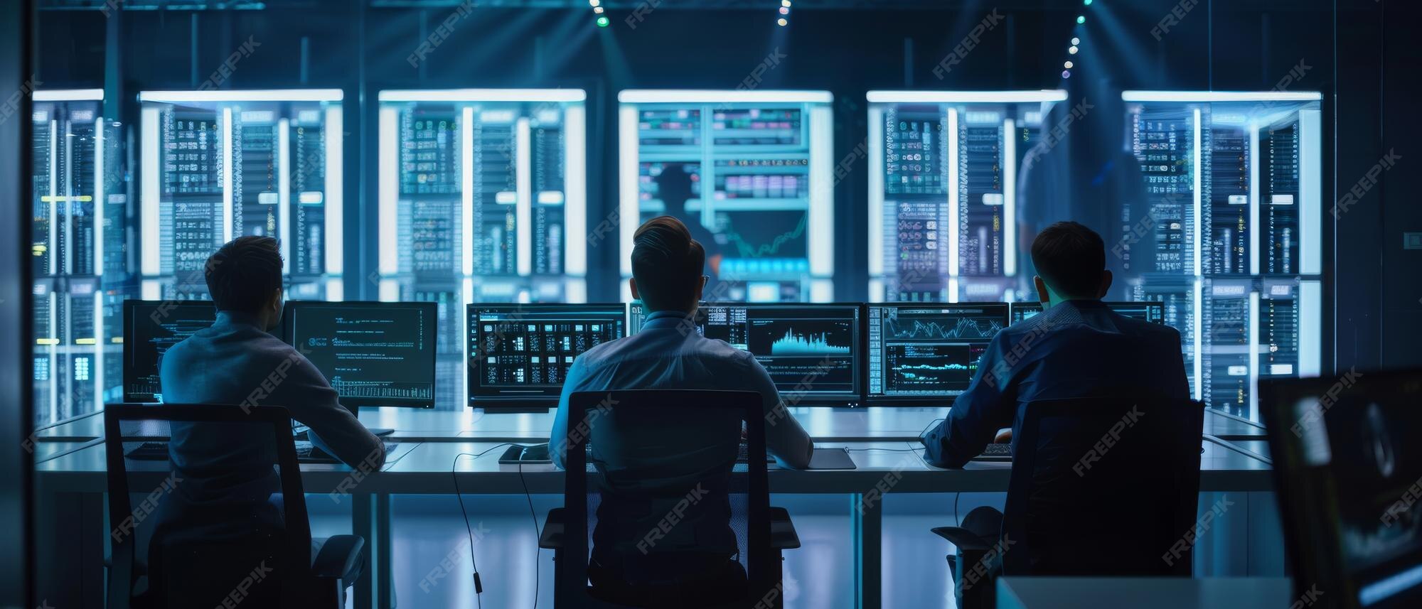 Computer Programmers Working In The Data Center System Control Room Software And Hardware
