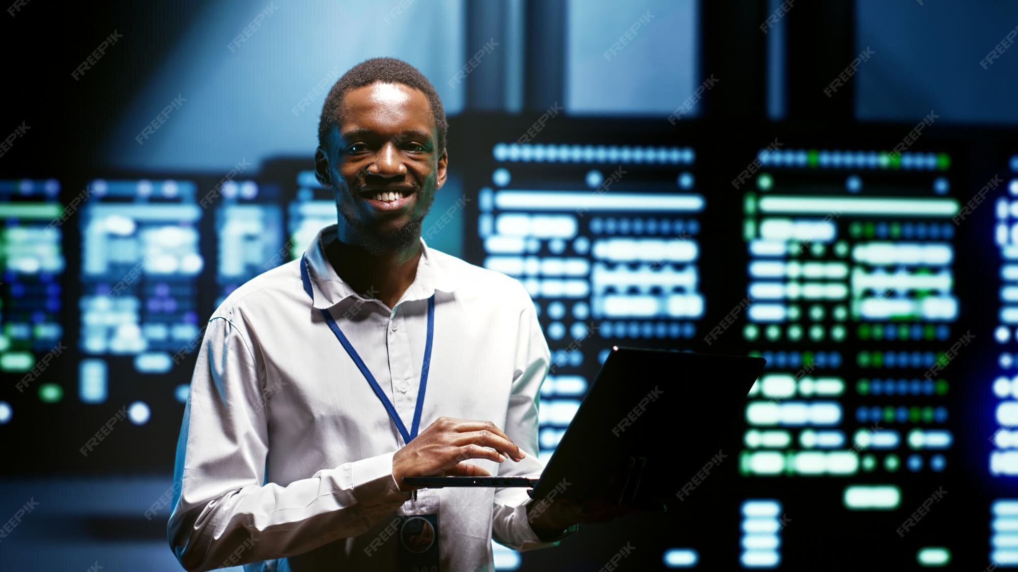 Premium Photo Computer Scientist Using Tablet To Analyze Server Cabinets Providing Computing