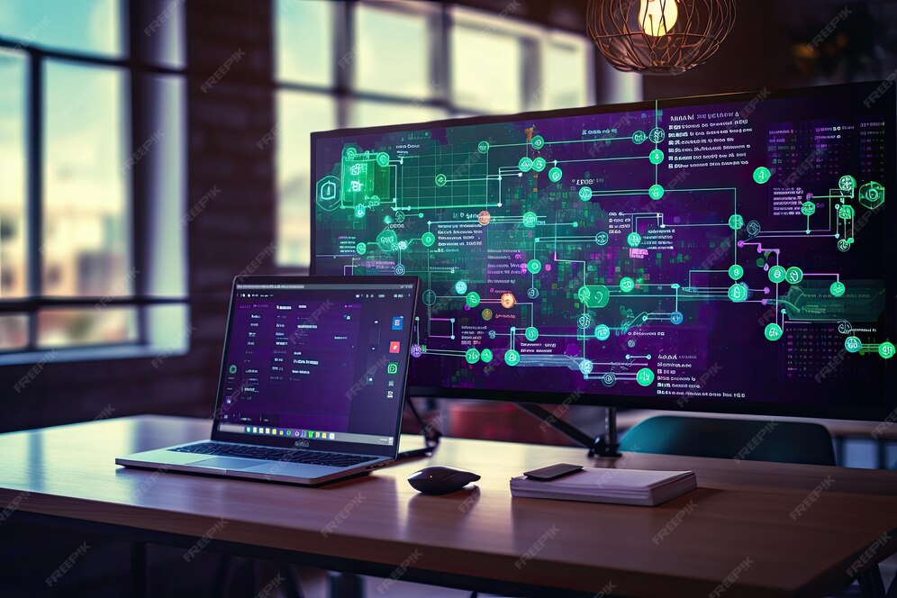 Premium AI Image | Computer screen with abstract programming interface Technology and coding ...