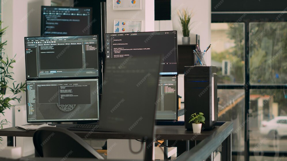Premium Photo Computer Screens On Desk Running Programming Code Data Algorithms In Empty
