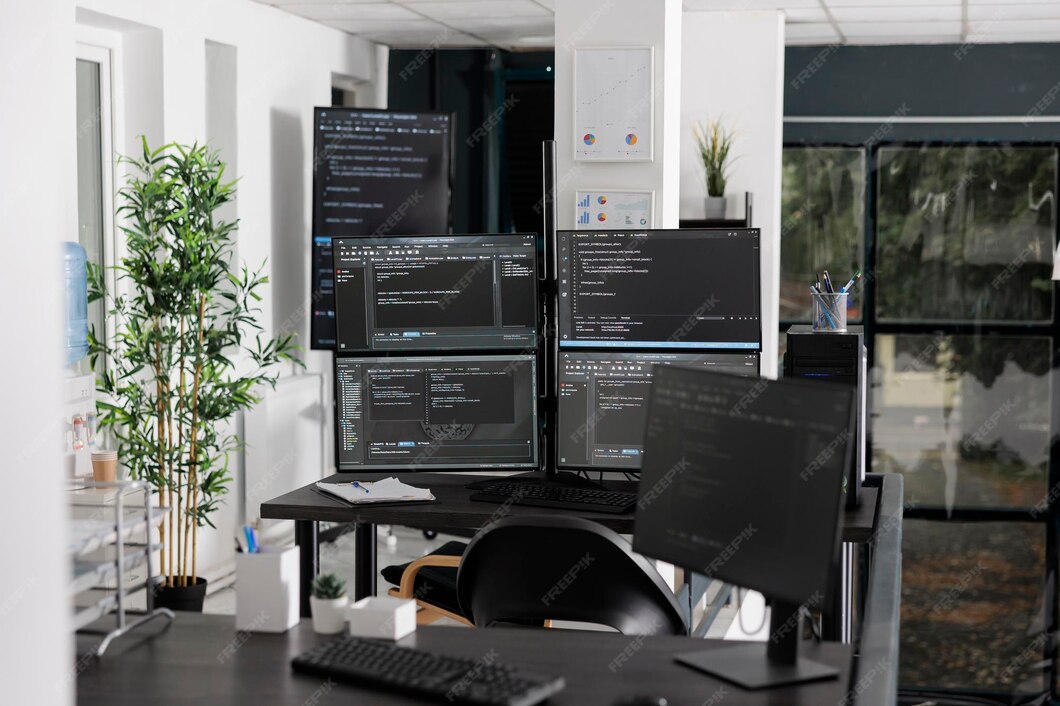 Premium Photo | Computer screens showing parsing html code in empty it office, security system ...