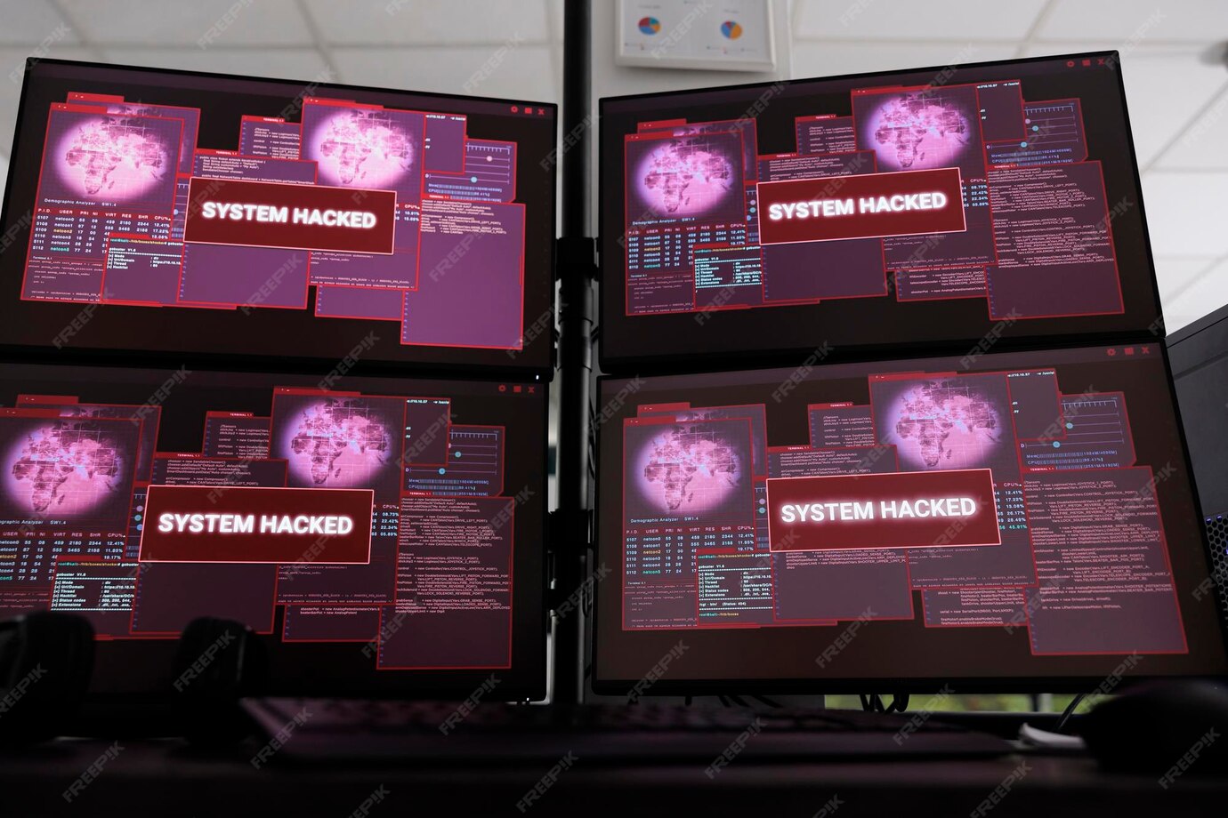 Premium Photo | Computers displaying hacked system alert message flashing on monitor, showing ...