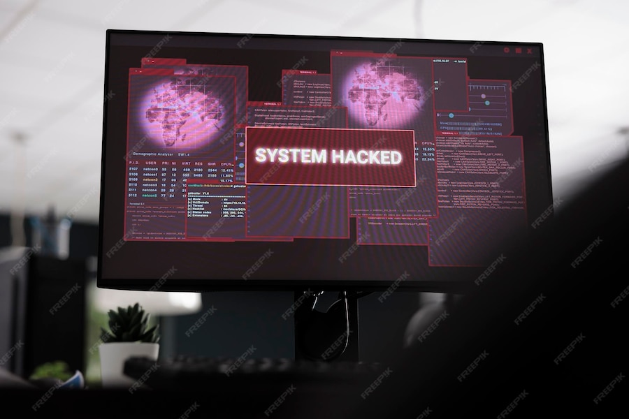 Premium Photo | Computers displaying hacked system alert message showing on screen, flashing ...