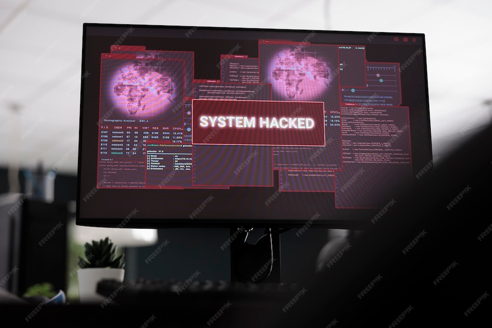 Premium Photo | Computers displaying hacked system alert message showing on screen, flashing ...