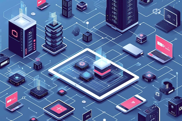 Concept of data network management Vector isometric map with business networking servers ...
