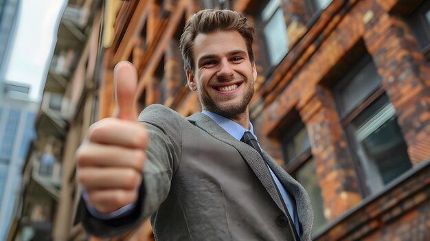 Confident smiling businessman showing thumb up gesture positive outlook ... Confident smiling businessman showing thumb up gesture positive outlook ...