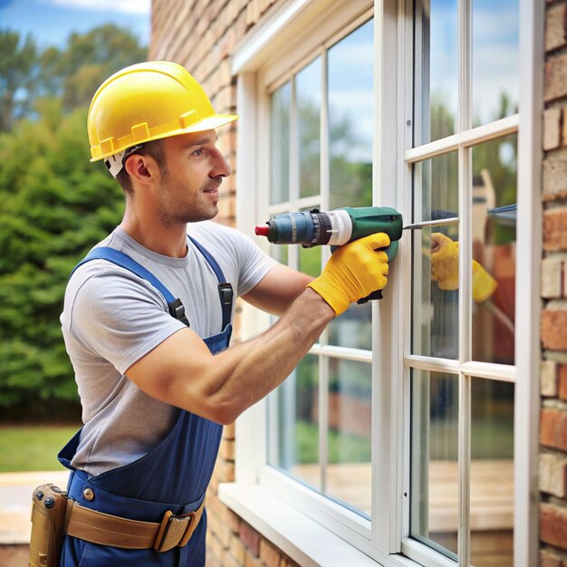 Premium Photo | Construction Worker Using Drill To Install Window ... Premium Photo | Construction Worker Using Drill To Install Window ...