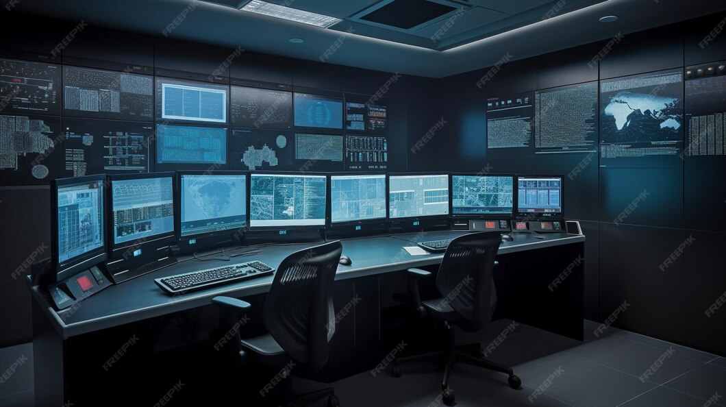 Premium Photo | Control room that is modern Multiple computer monitors ...