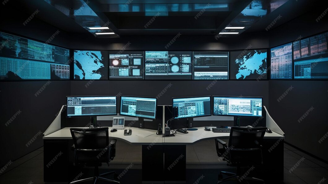 Premium Photo | Control room that is modern multiple computer monitors display a coding language ...
