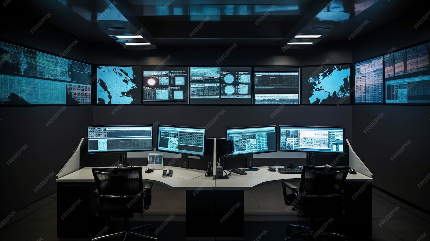 Premium Photo | Control room that is modern multiple computer monitors display a coding language ...