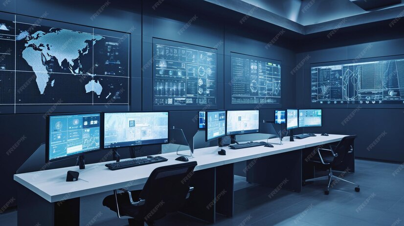 Premium Photo | Control room that is modern multiple computer monitors display a coding language ...