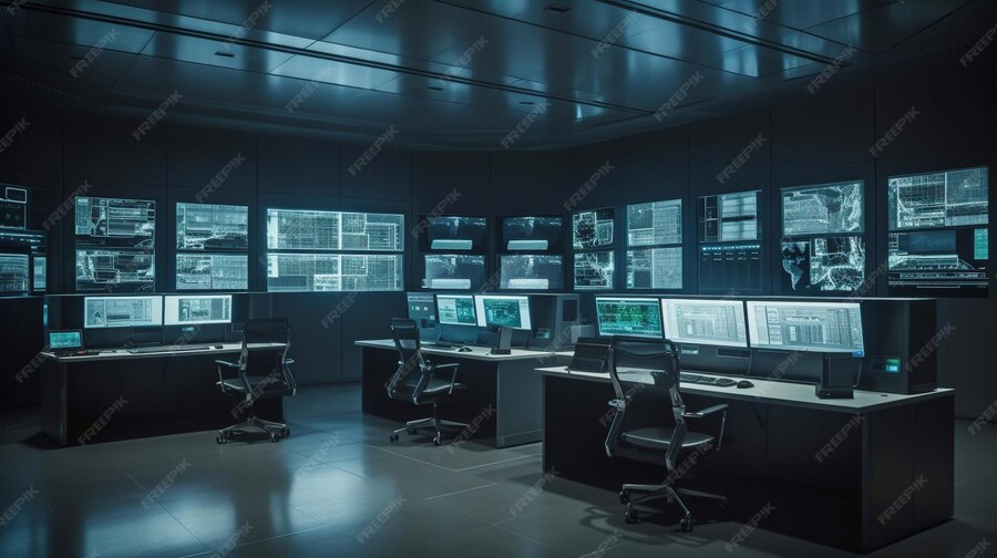 Premium Photo Control Room That Is Modern Multiple Computer Monitors Display A Coding Language