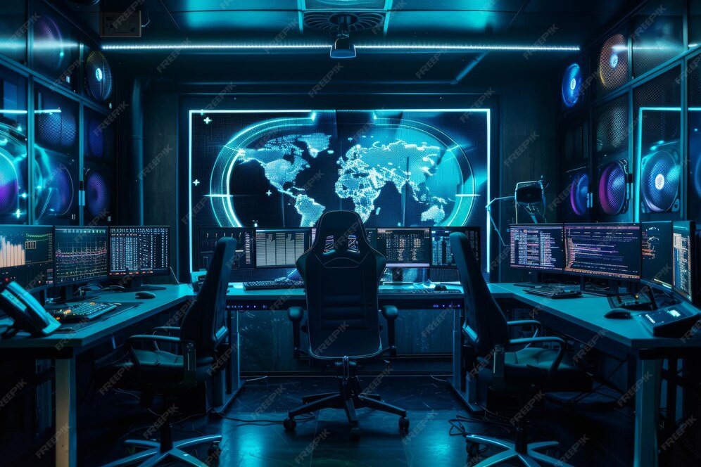 Premium Photo | Control room with multiple personal computers showing ...